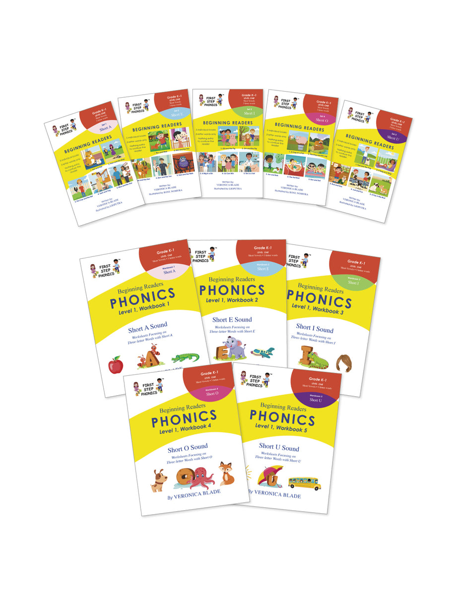 Level 1: All Books and all 5 Workbooks – First Step Phonics